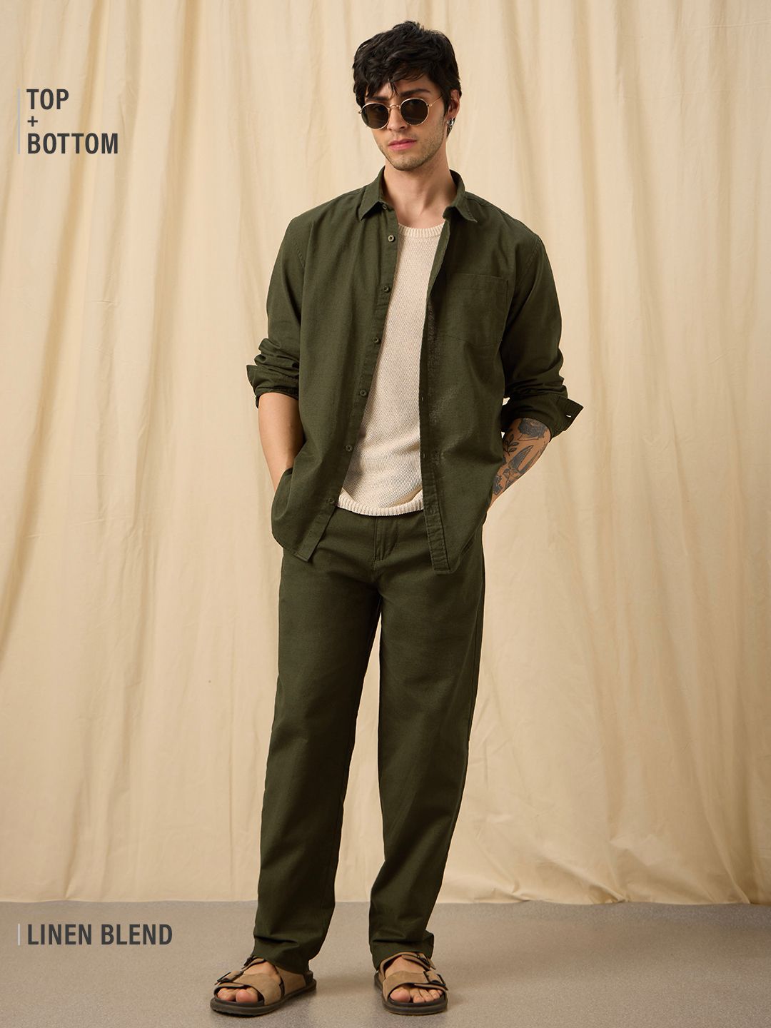 Cotton Linen Set: Olive Men Co-ord Sets